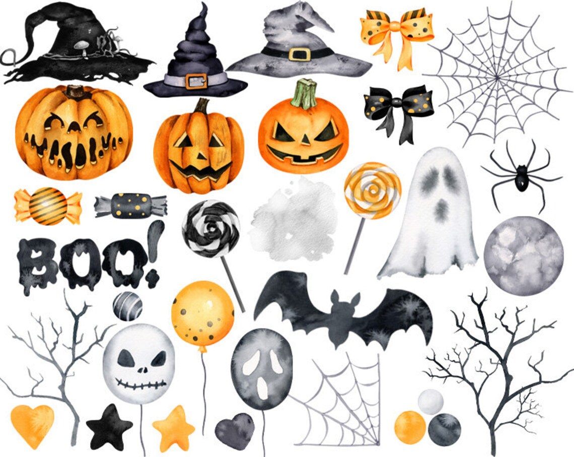 Watercolor Halloween Clipart Pumpkin Ghost Spider Bat - Etsy