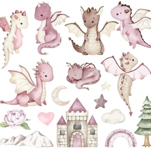 Dragons Watercolor Clipart, Cute Dragon PNG, Nursery Wall Art, Girls ...