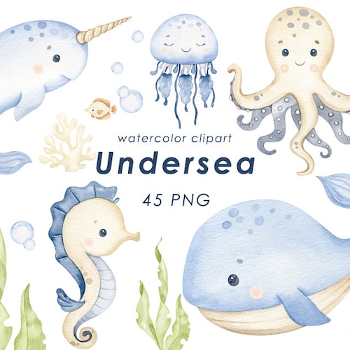 Watercolor Sea Animals Clipart Cute Ocean Baby Animals PNG - Etsy