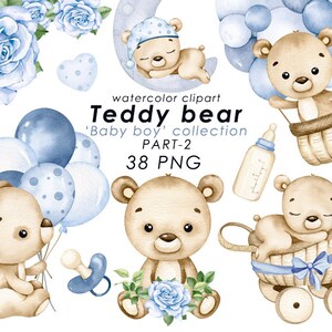 Teddy Bear Clipart, Watercolor Baby Bear, Nursery Decor, Baby Boy, Baby ...