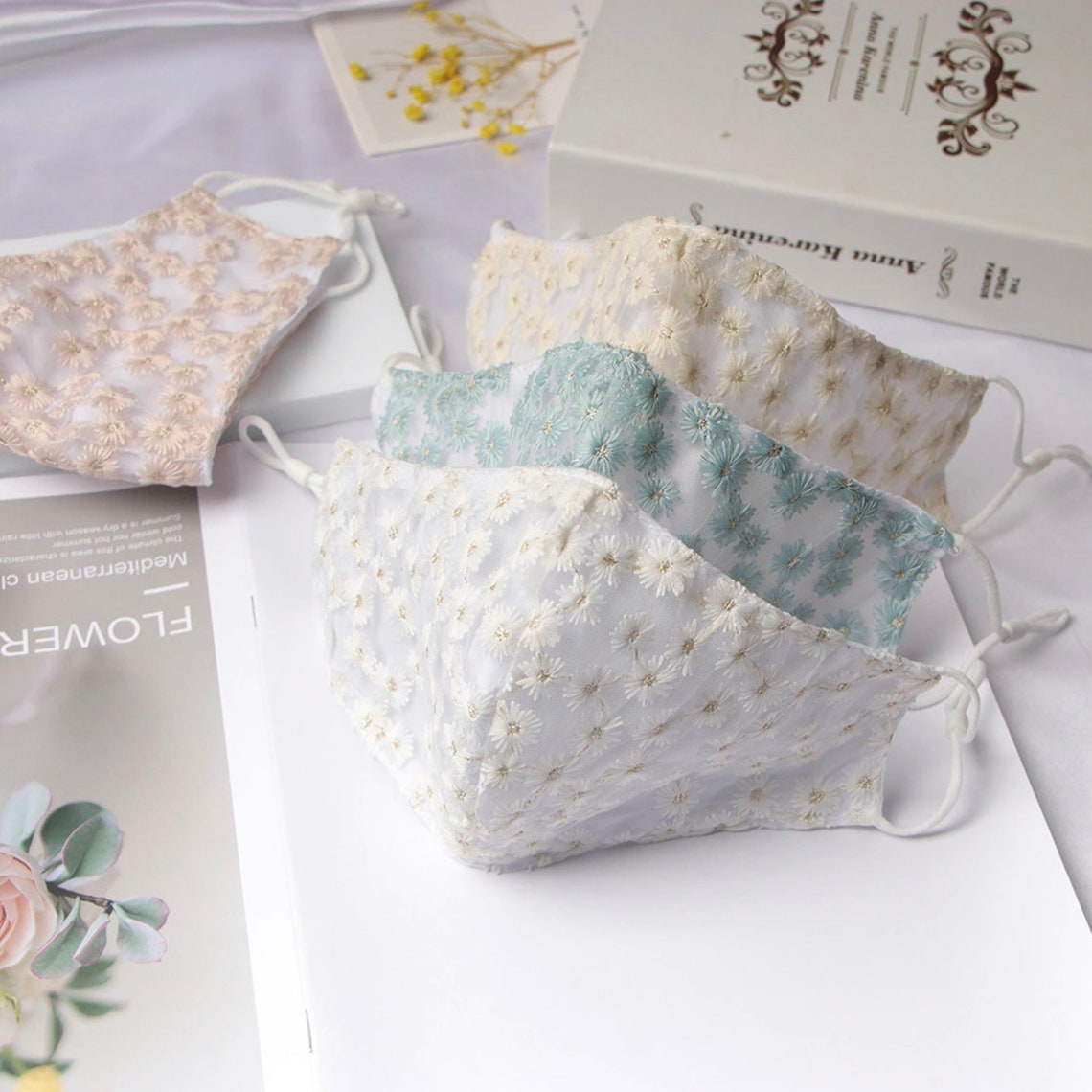 Daisy Embroidered Face Mask With Adjustable Ear Straps COVID - Etsy