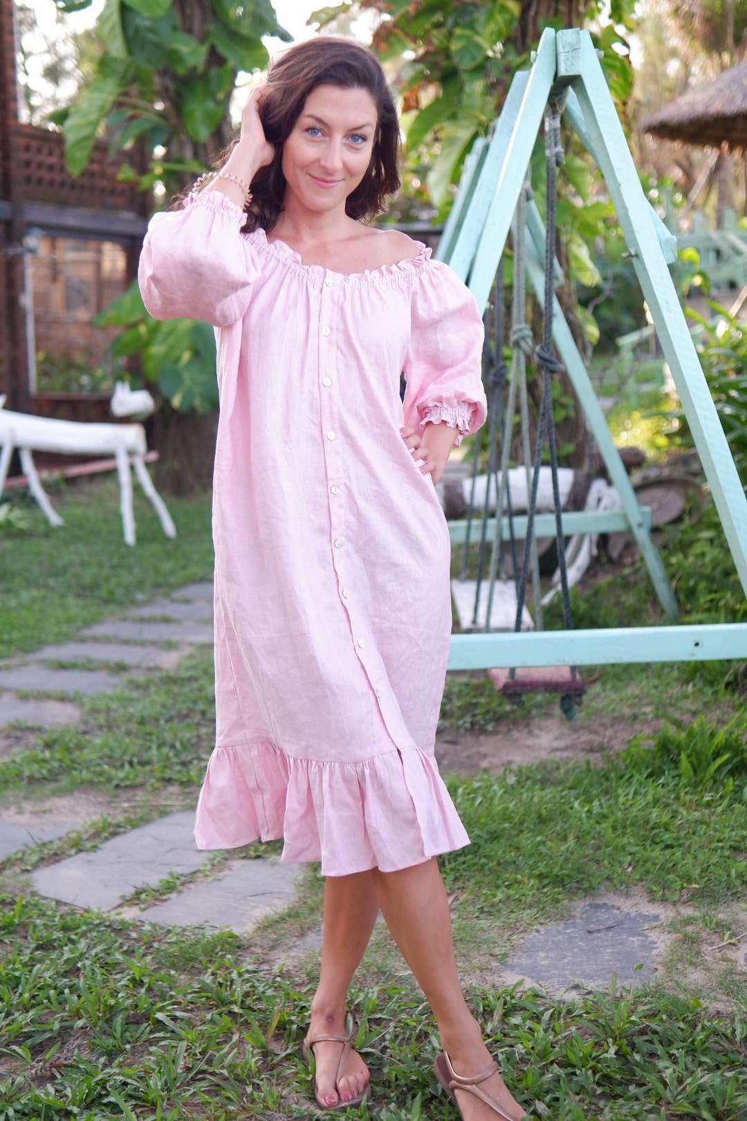 Linen Sleeper Dress: Custom Color Ruffle Loungewear - Etsy