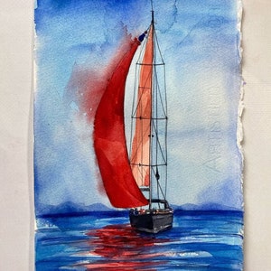 Red Sail Art Sailboat Painting Blue Water Wall Art Seascape - Etsy