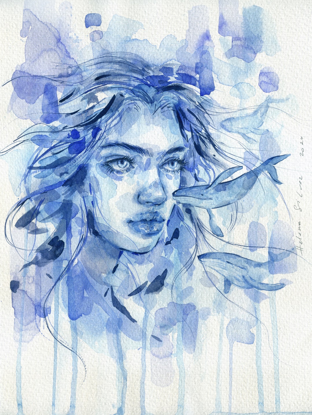 ORIGINAL Blue Whale Watercolor Portrait - 12x16 Original Art - Ocean ...