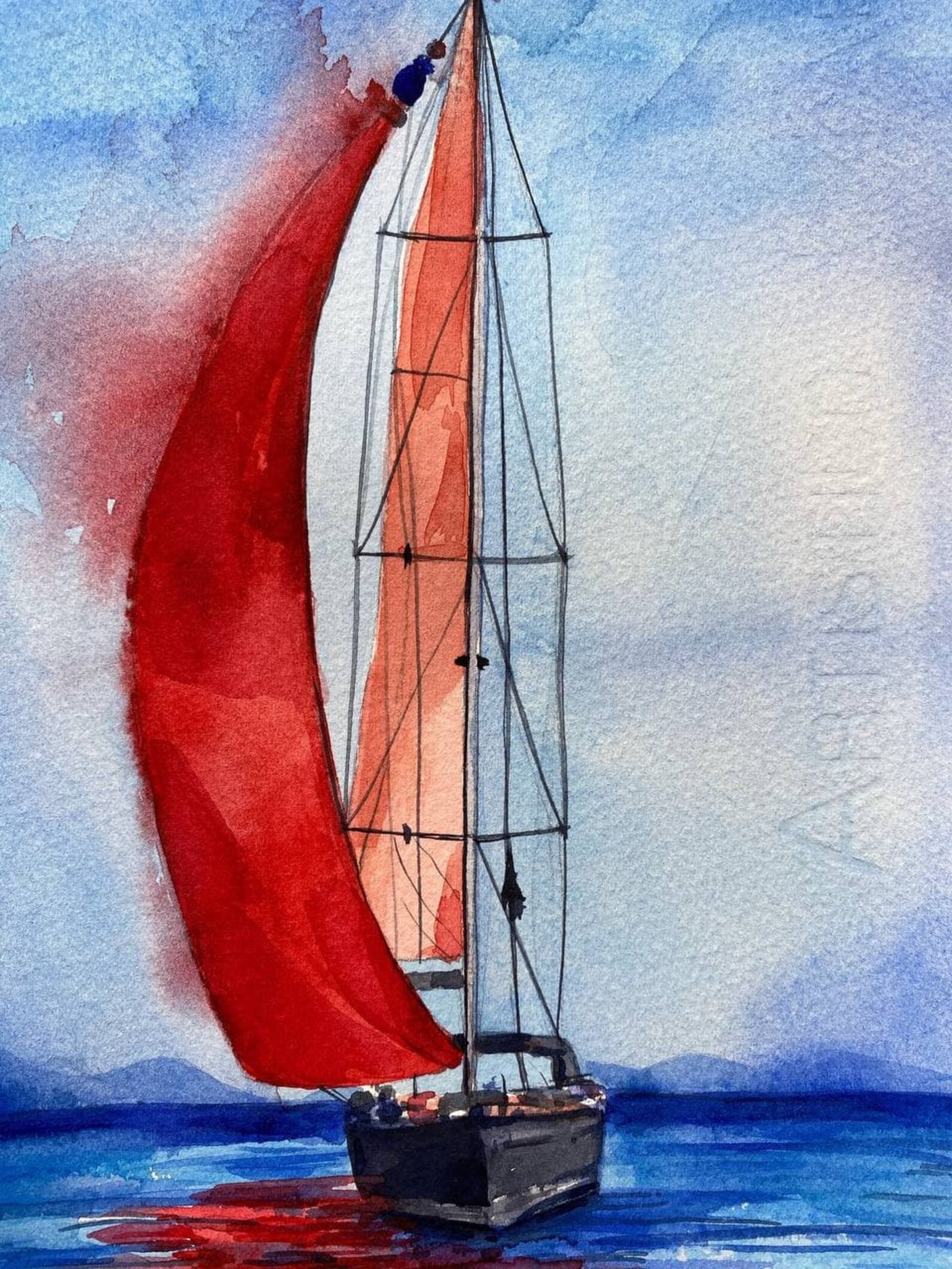 Red Sail Art Sailboat Painting Blue Water Wall Art Seascape - Etsy