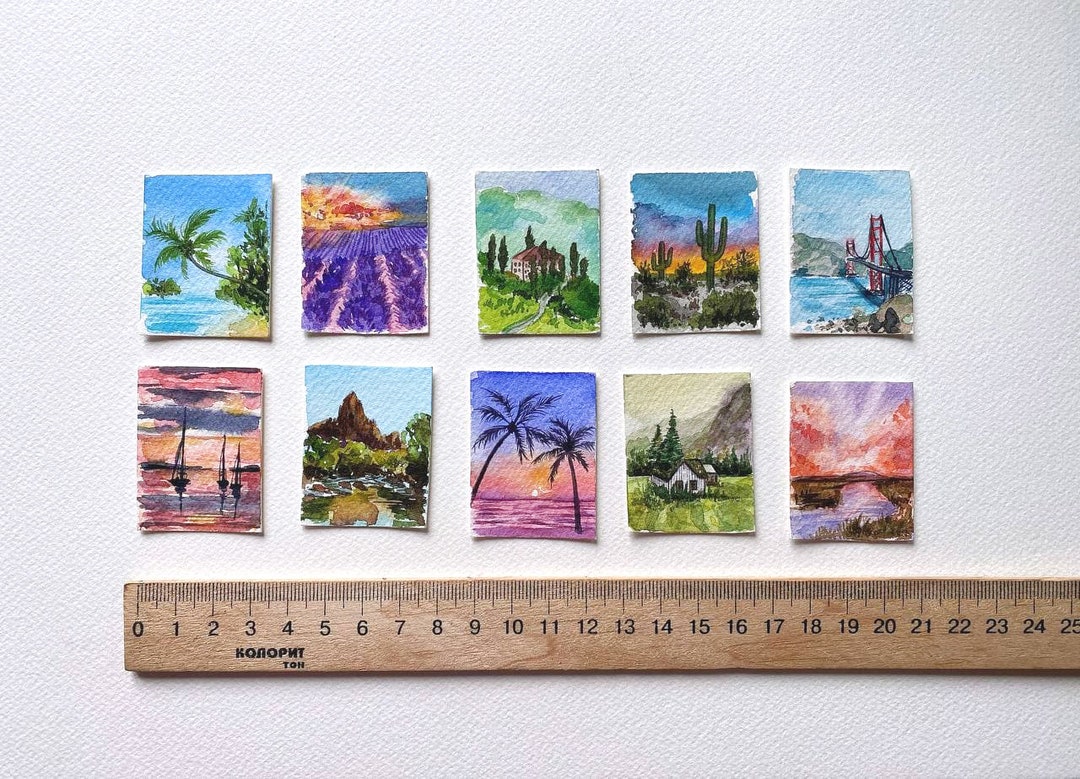 Set of 10 Mini Art Tiny Paintings Watercolor Dolls-house Decor Tiny Art ...
