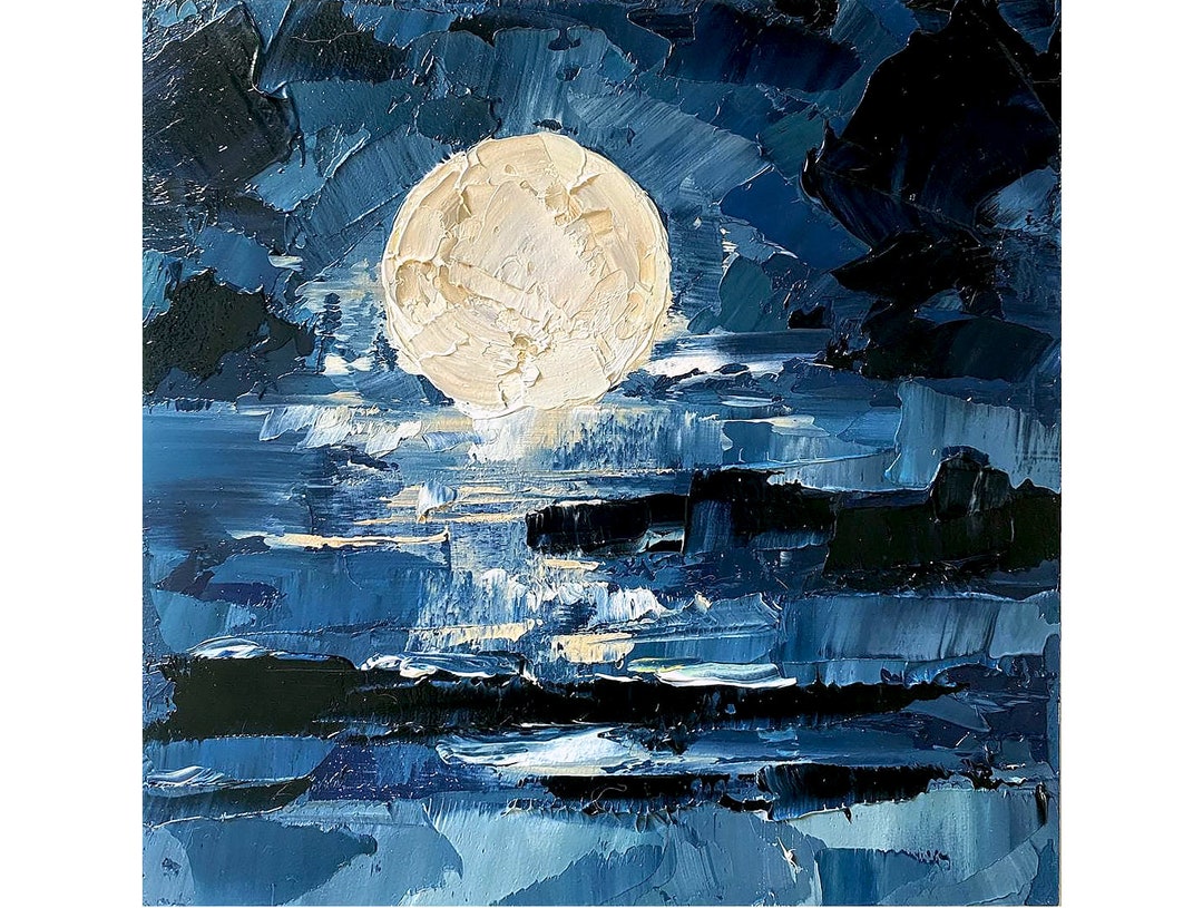 Night Sky Painting Big Moon Wall Art Night Sea Painting Abstract ...