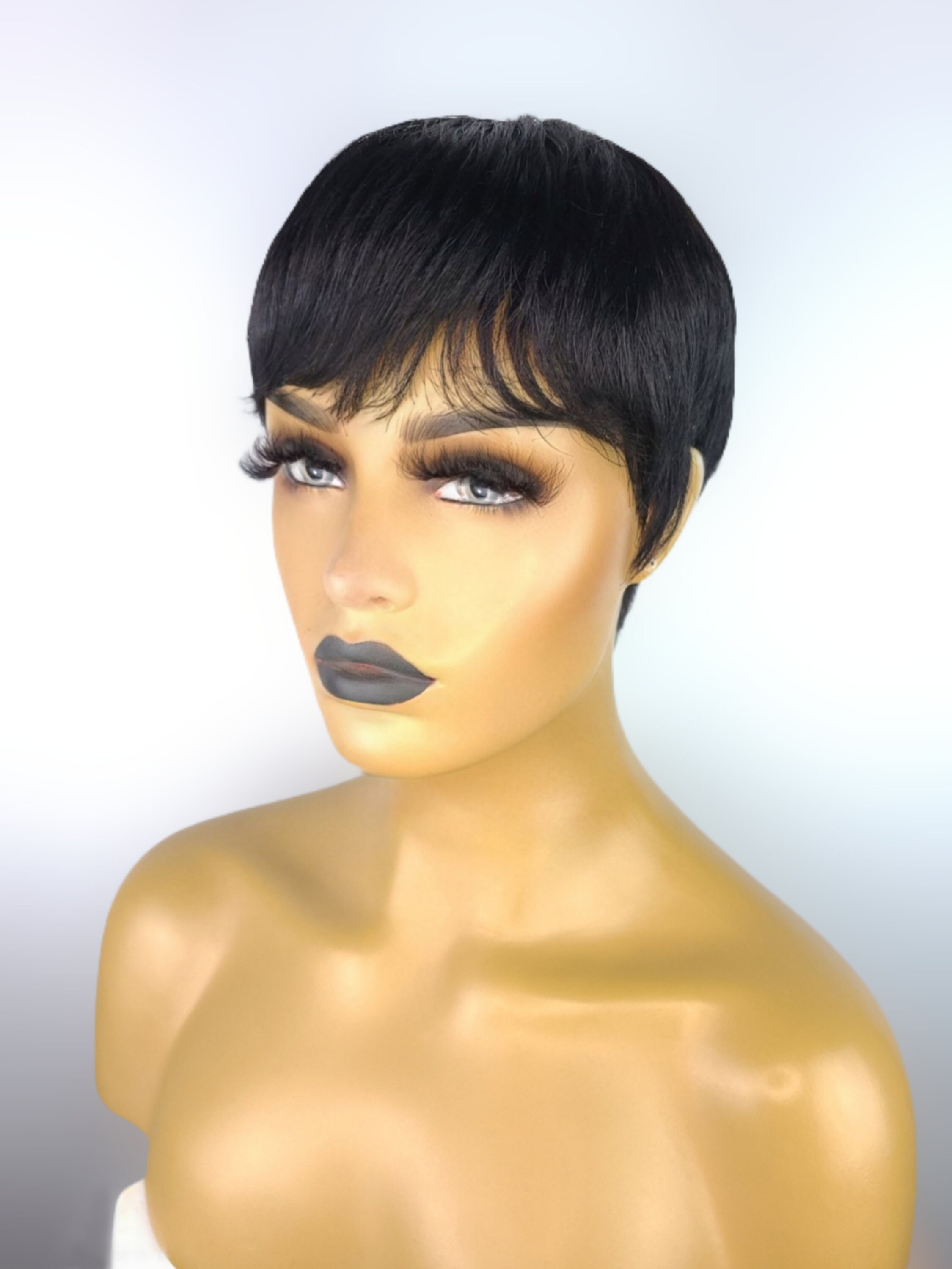TAPERED HUMAN HAIR Pixie Wig With Lace Insert 1B - Etsy