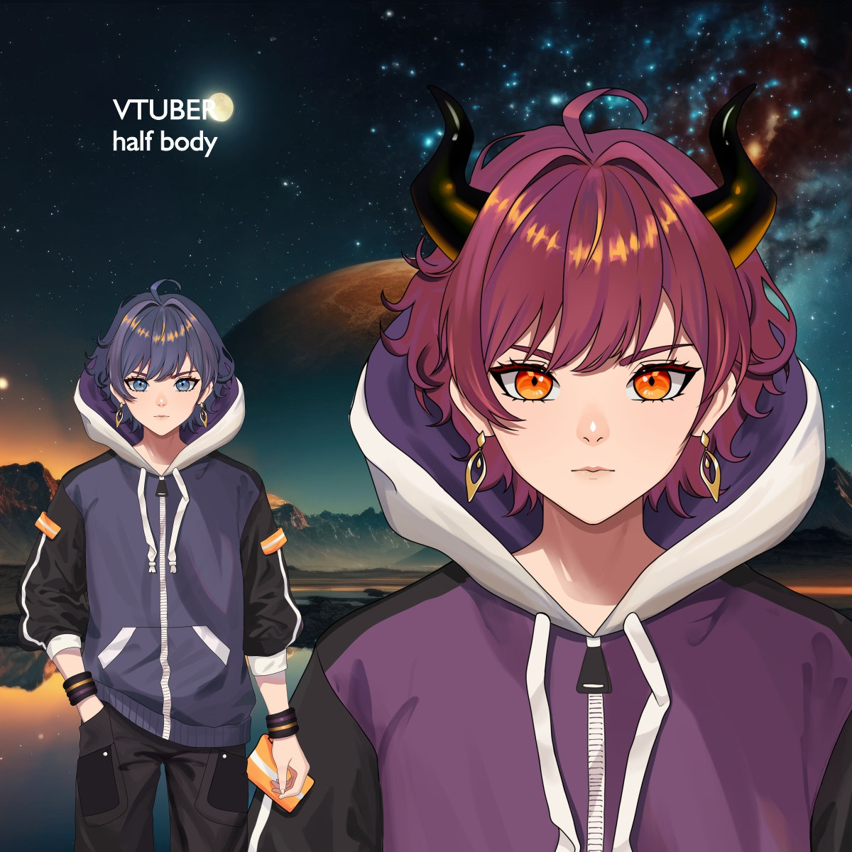 Boy Live2d Vtuber Model Hoody Oni Boy Model, Aries Boy Half Body for ...