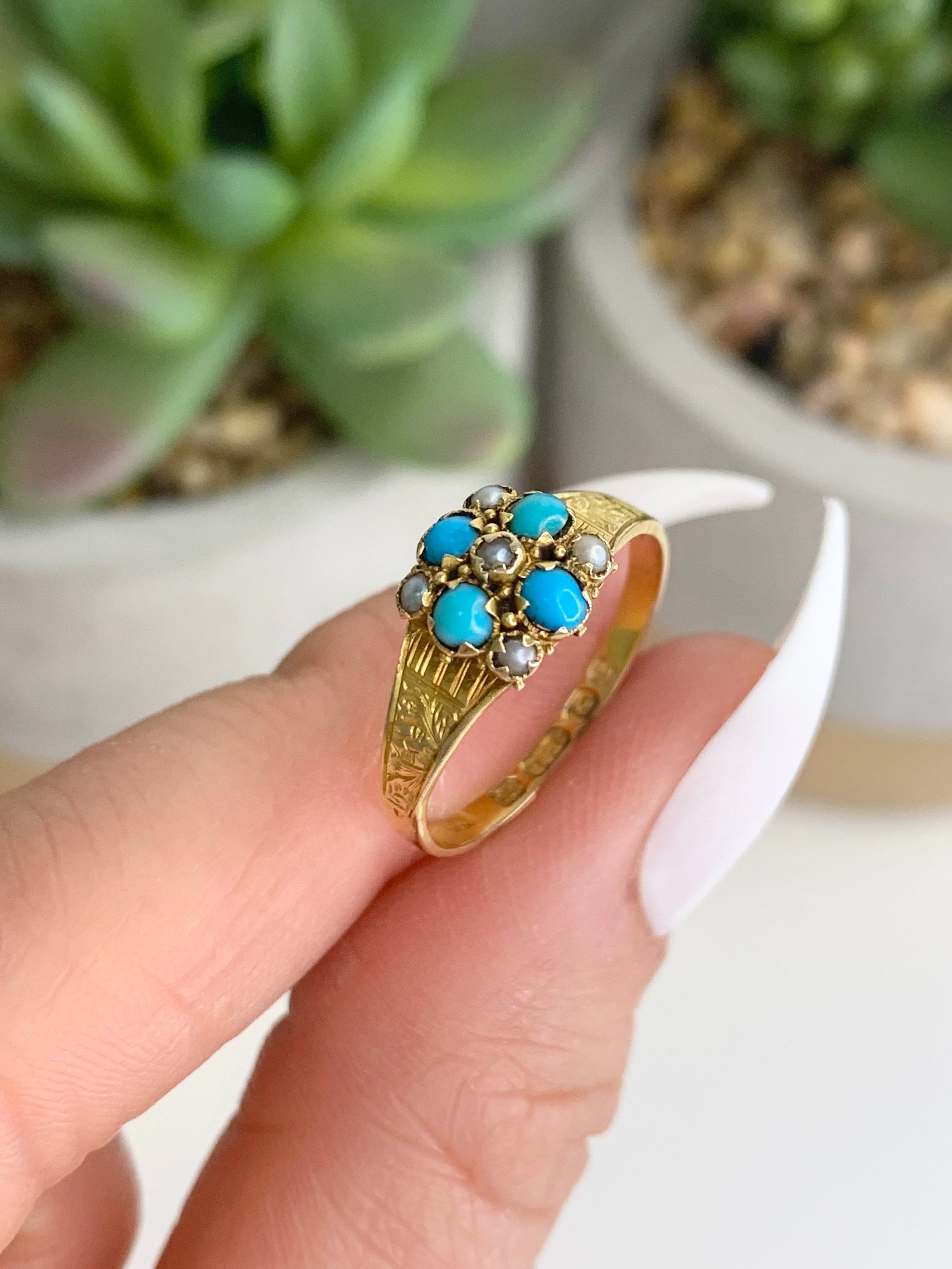 Antique Victorian 15ct Gold Turquoise Pearl Ring Hallmarked Birmingham 1899 Fabulous Hand Engraved Shoulders
