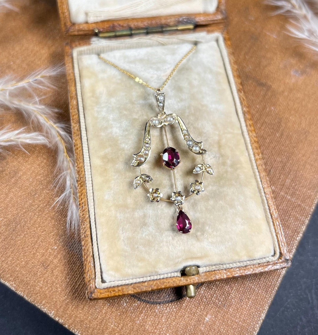 Antique 9ct Gold, Edwardian Era Almandine Garnet & Pearl Pendant - Etsy