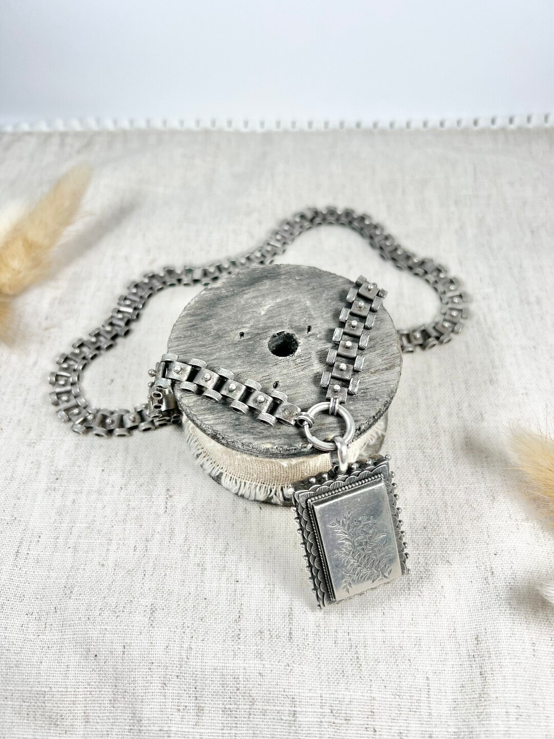 Antique Sterling Silver Victorian Book Chain & Rectangular Locket ...