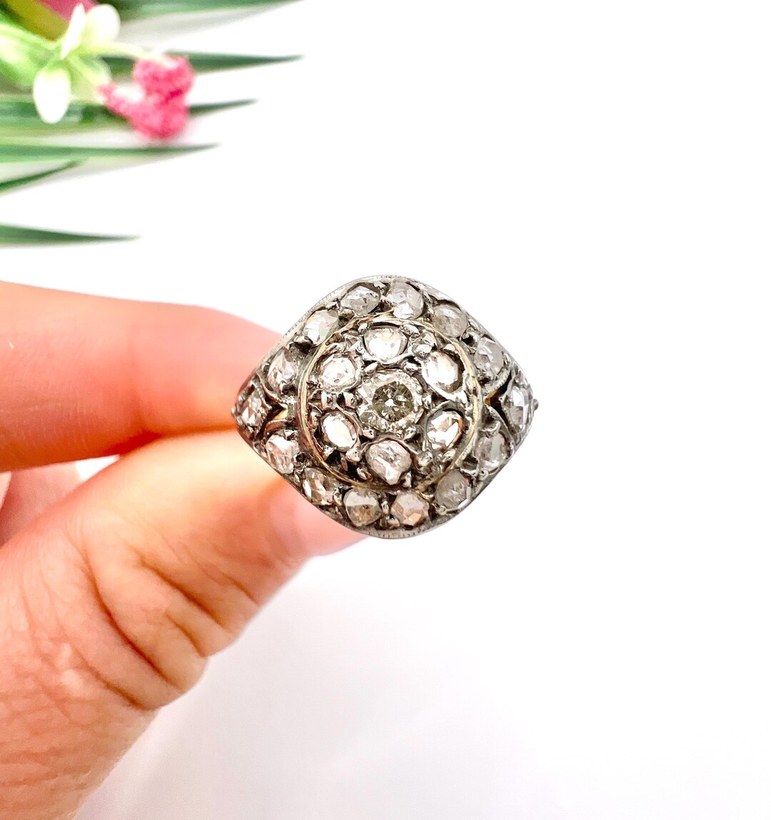 Antique 18ct Gold & Silver, Victorian Rose Cut Diamond Dome Shaped Ring ...