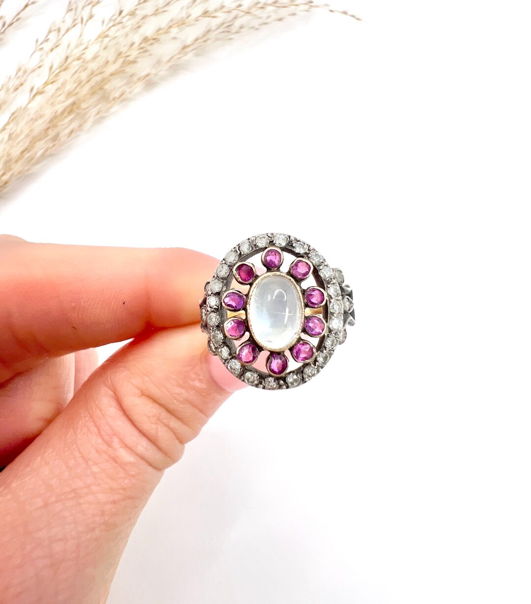 Antique 18ct Gold & Silver, Early Victorian Moonstone, Ruby and Diamond ...