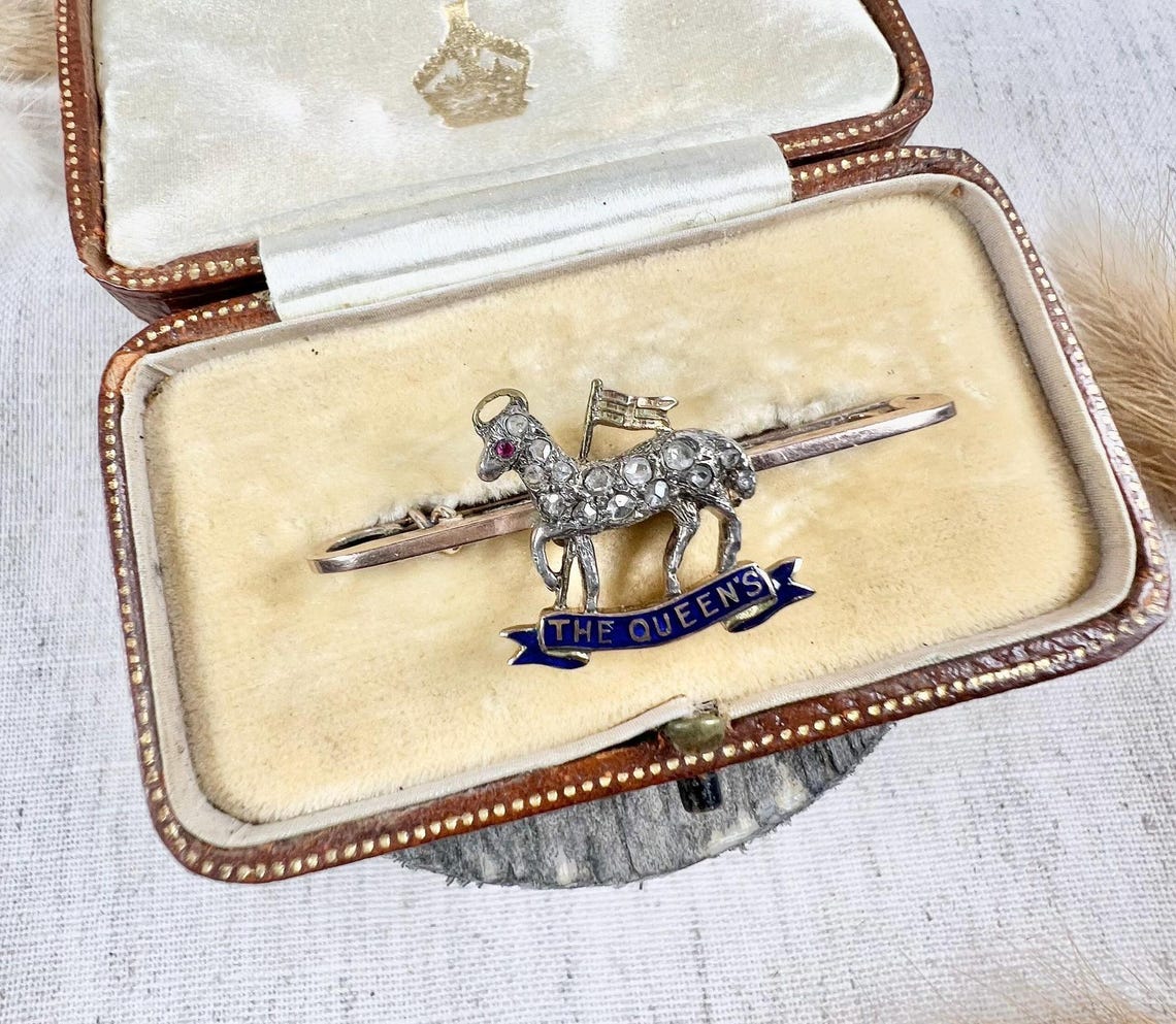 Antique 15ct Gold the Queen’s Royal Regiment Diamond & Enamel Pin ...