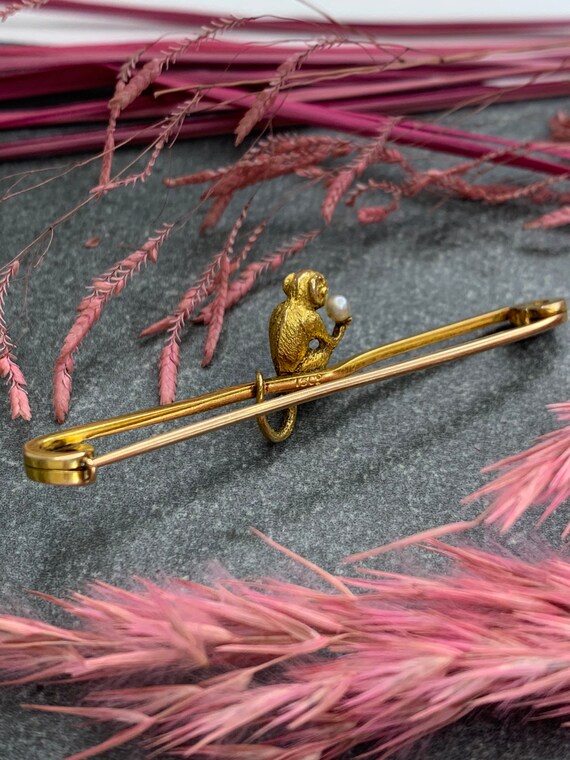 Antique Victorian 15ct Gold Monkey Brooch - Gem