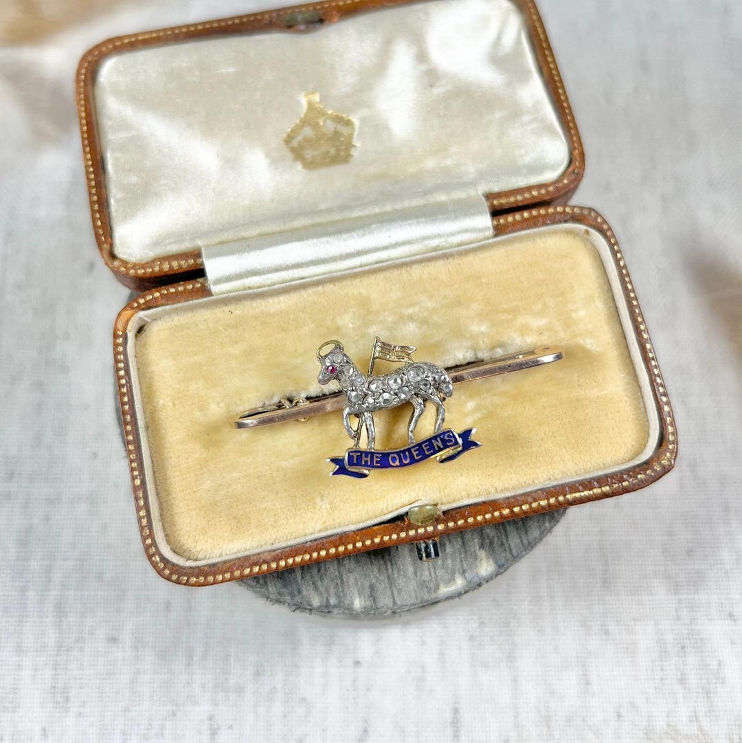 Antique 15ct Gold the Queen’s Royal Regiment Diamond & Enamel Pin ...