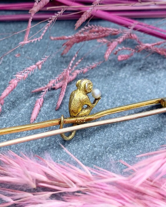 Antique Victorian 15ct Gold Monkey Brooch - Gem