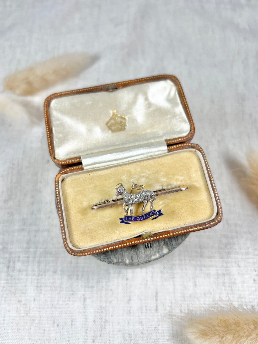 Antique 15ct Gold the Queens Royal Regiment Diamond & Enamel Pin Brooch ...