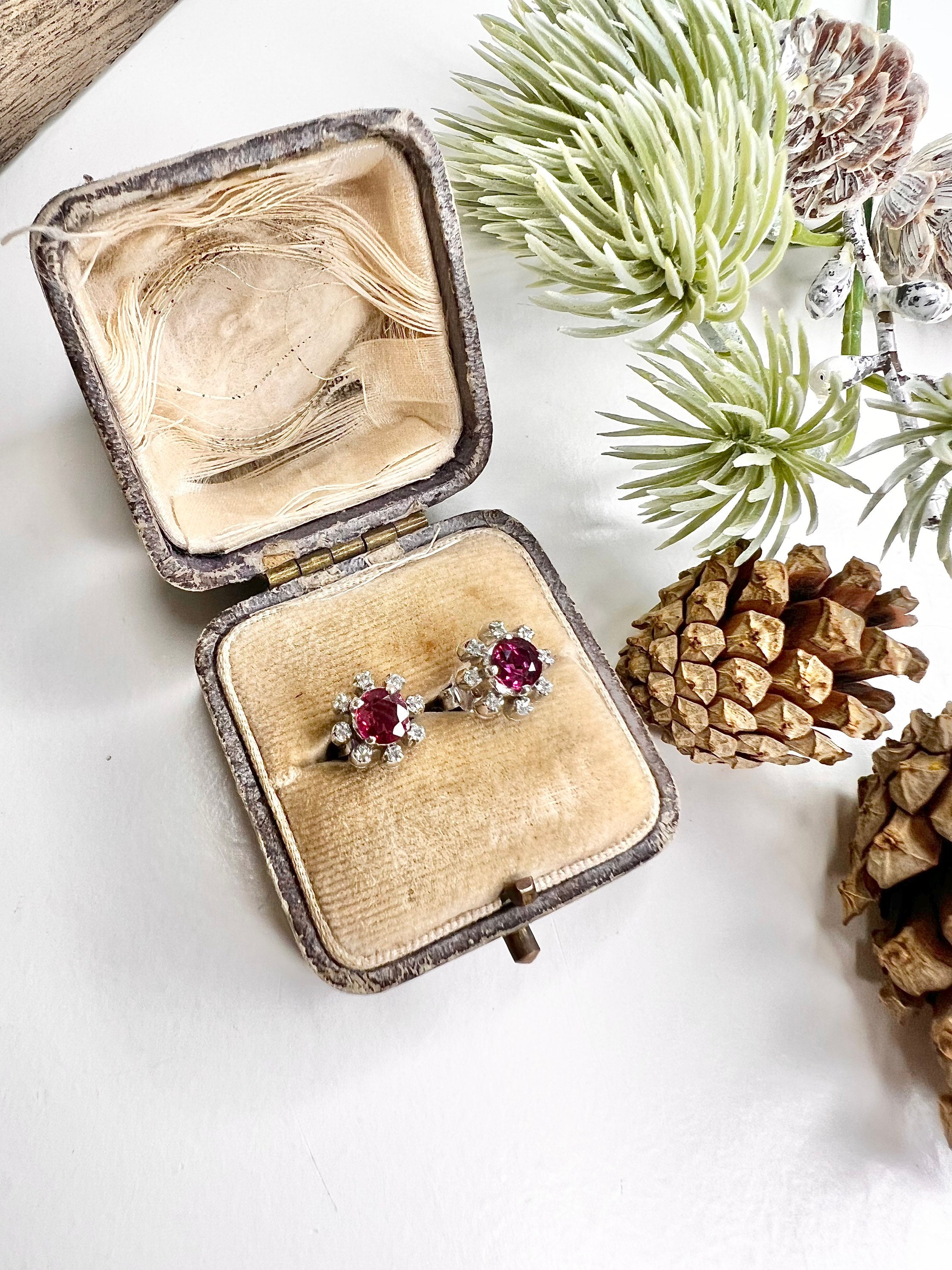 Preloved 18ct White Gold Ruby & Diamond Cluster Earrings — RLT