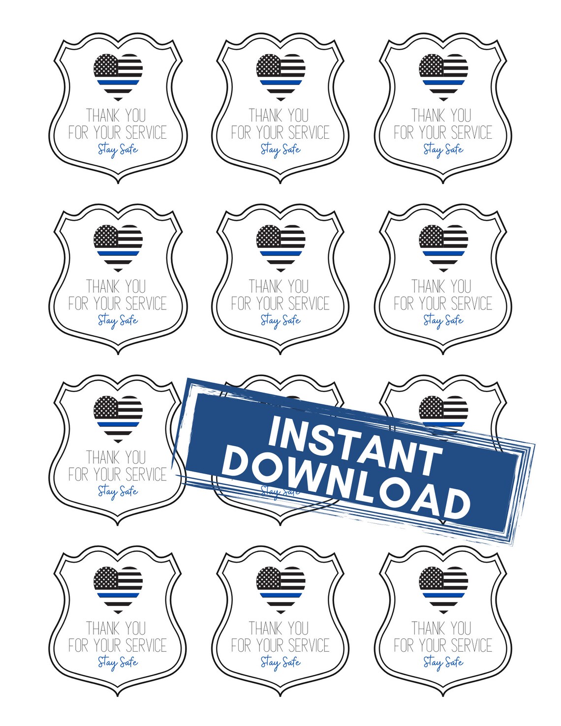 Police Badge Thank You Tag, Thin Blue Line Heart Flag Printable, Treat ...