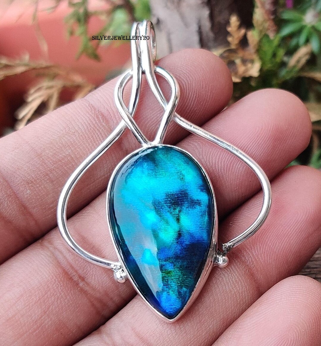 Blue Green Ammolite Pendant 925 Sterling Silver Handmade Gemstone ...