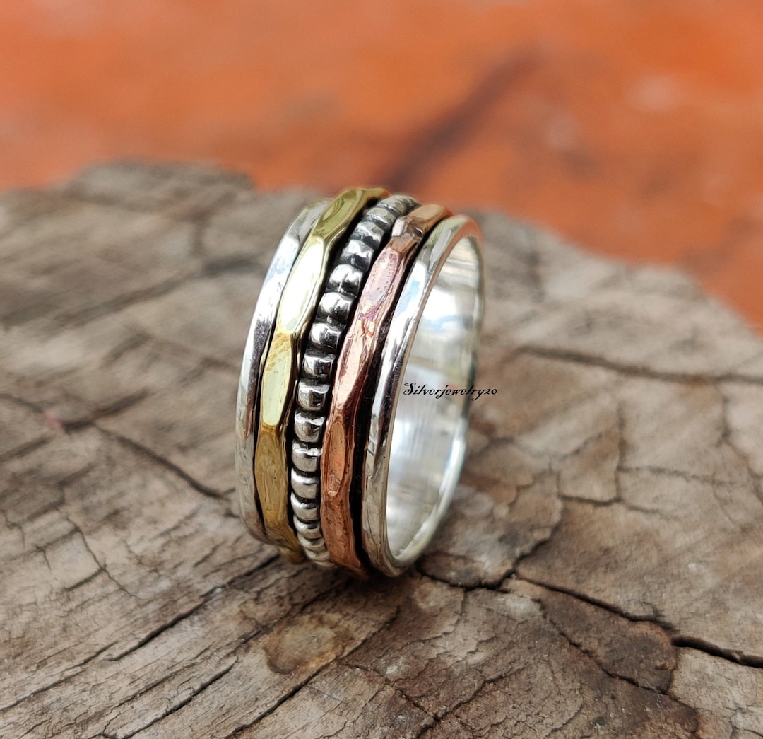 925 Sterling Silver Spinner Ring, Brass & Copper, Handmade Fidget ...