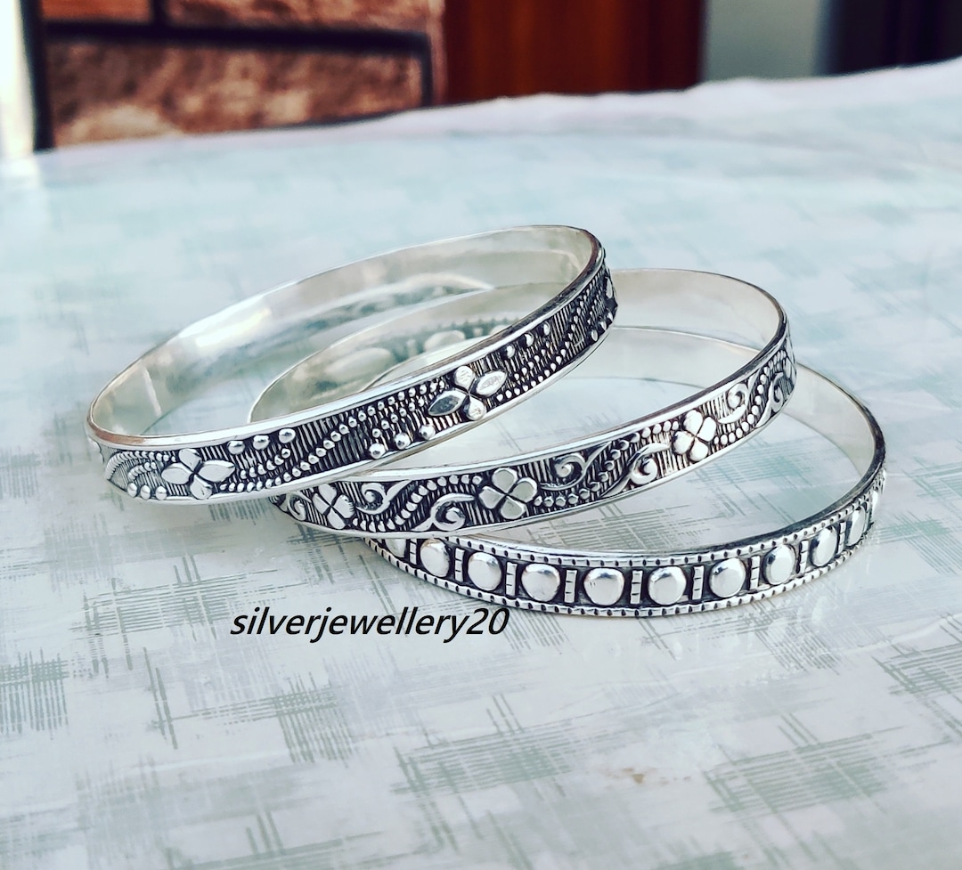 925 Silver Bangle, Sterling Silver Bangles, 3 Design Bangle Set ...