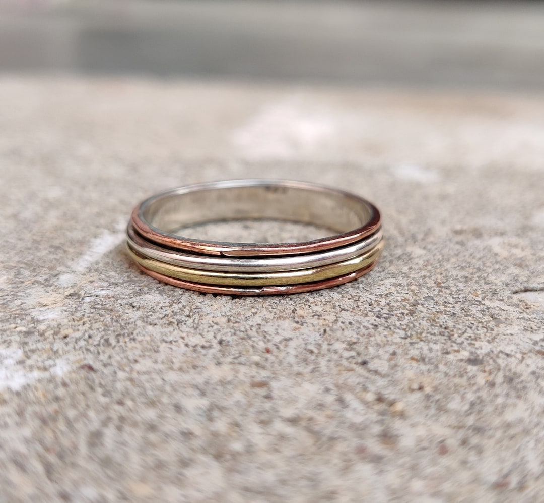 Copper & Brass Ring , Spinner Ring , 925 Sterling Silver , Hammered ...