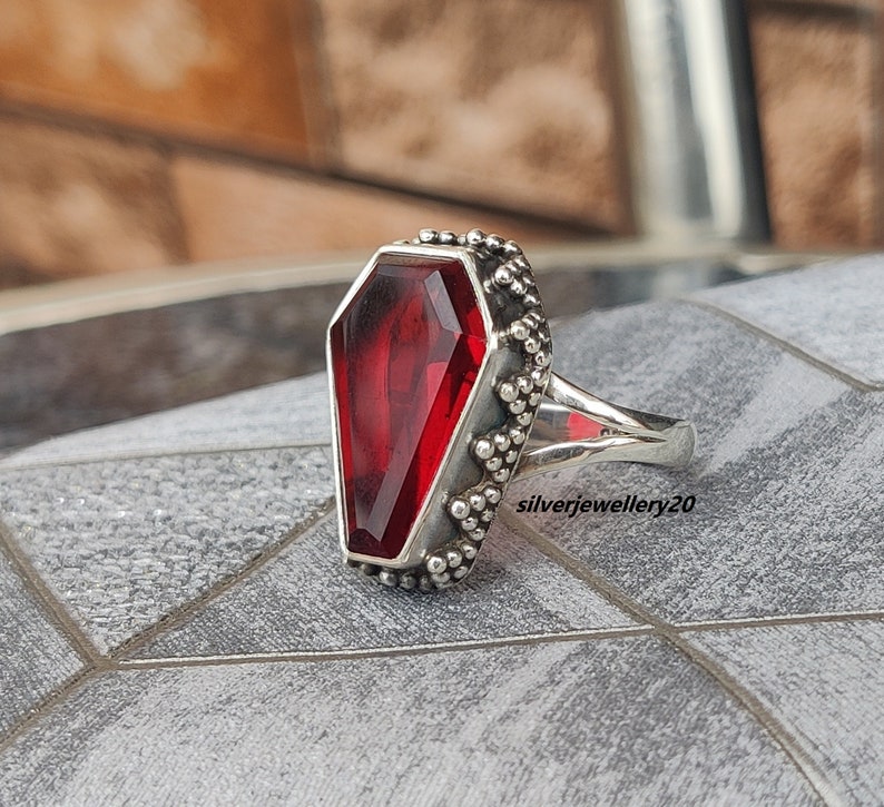 Garnet Coffin Ring Handmade Ring Solid 925 Sterling Silver - Etsy