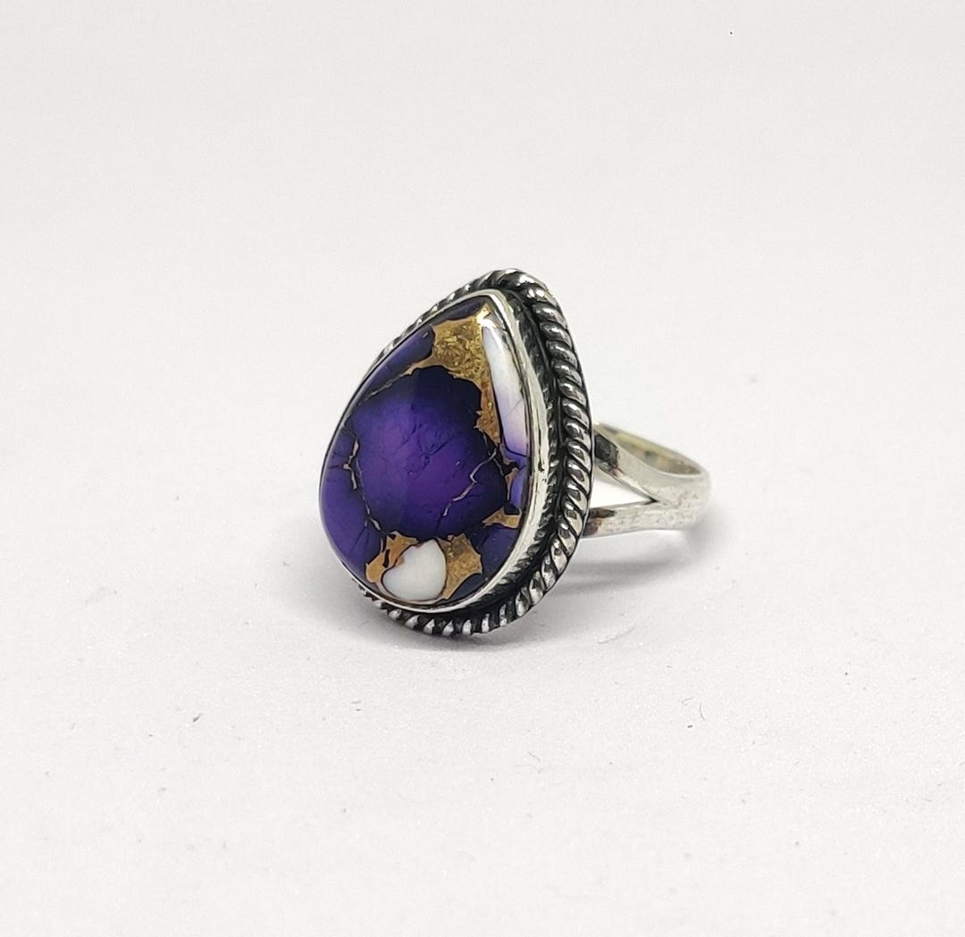 Teardrop Purple Mojave Turquoise Ring, Sterling Silver Rope Edge - Etsy