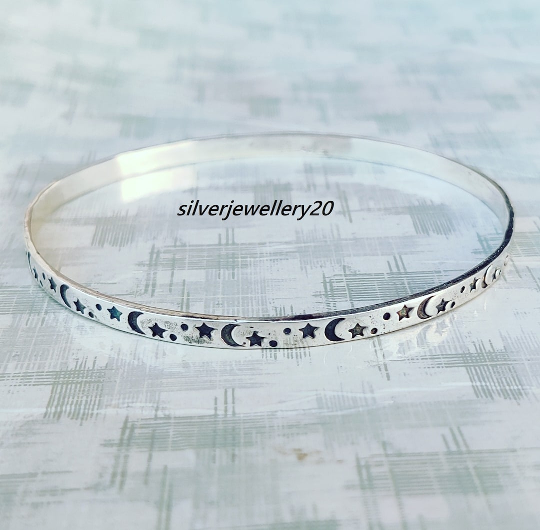 Star & Moon Design Bangle 925 Sterling Silver Bangle, Bracelet for Men ...