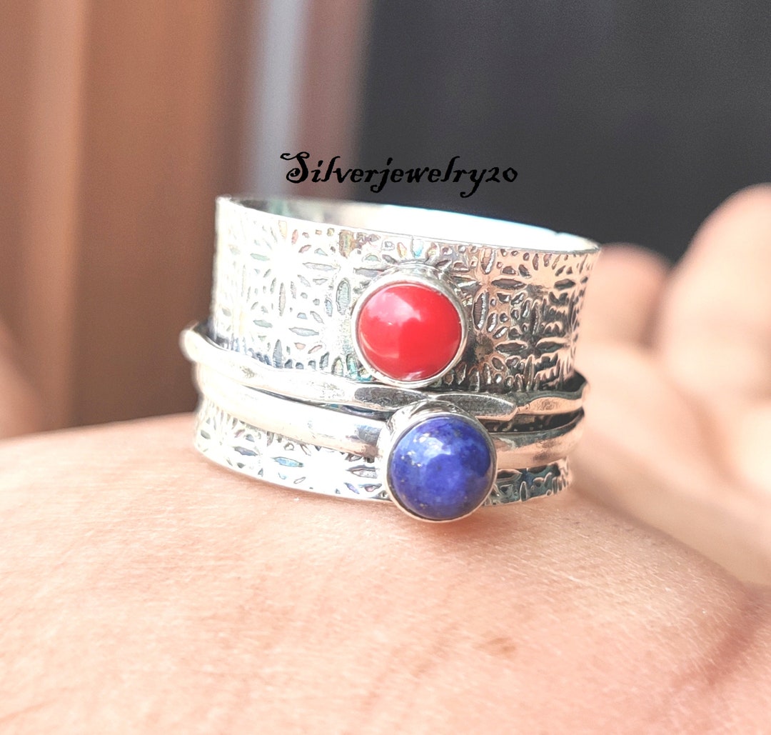 Lapis Lazuli Spinner Ring, Coral Gemstone, 925 Sterling Silver ...