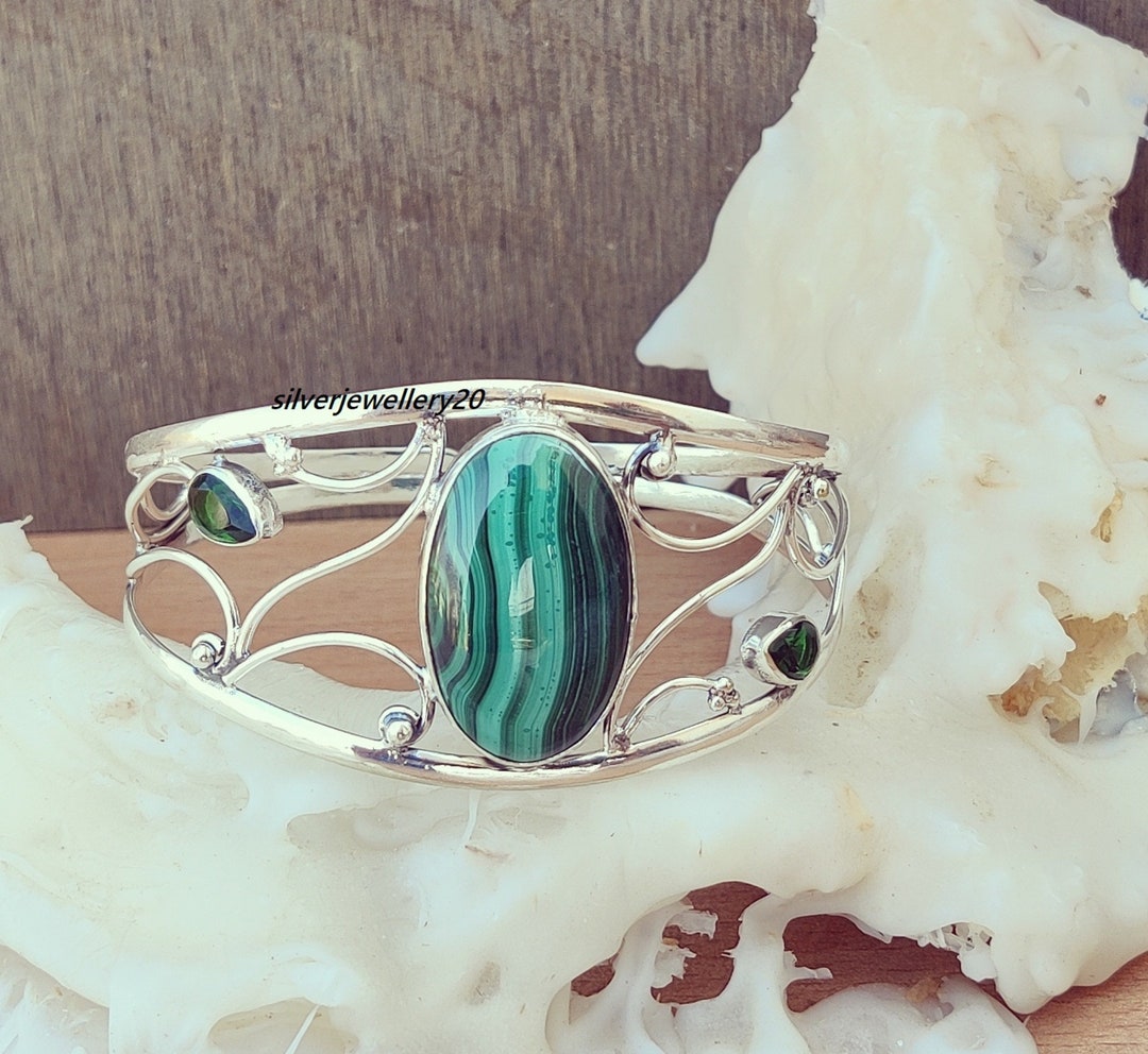 Malachite Bangle, Cuff Bangle, Gemstone Bangle, Green Malachite Silver ...