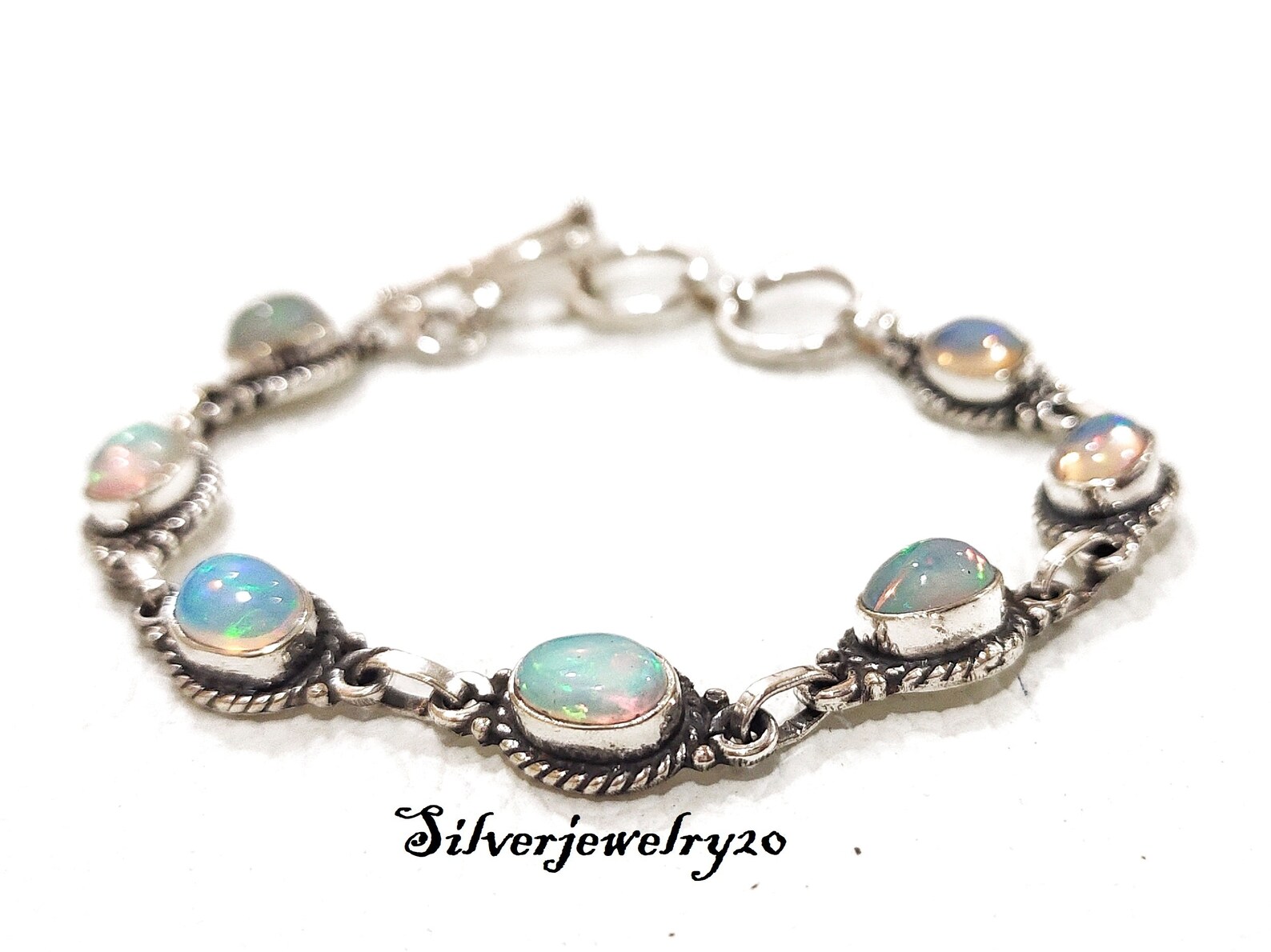 Sterling Silver Opal Bracelet, Adjustable Gemstone Jewelry - Etsy