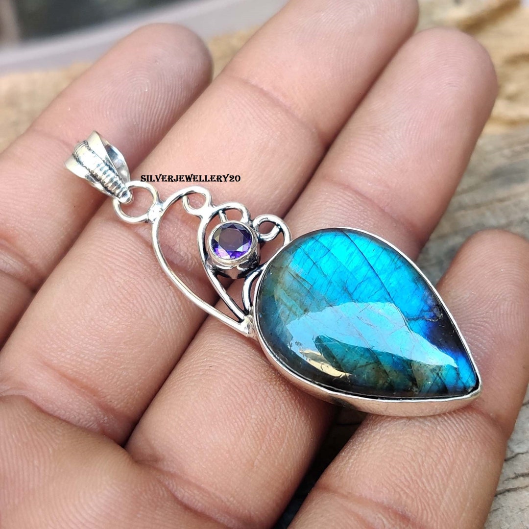 Natural Labradorite Pendant, 925 Sterling Silver Pendant, Three Stone ...