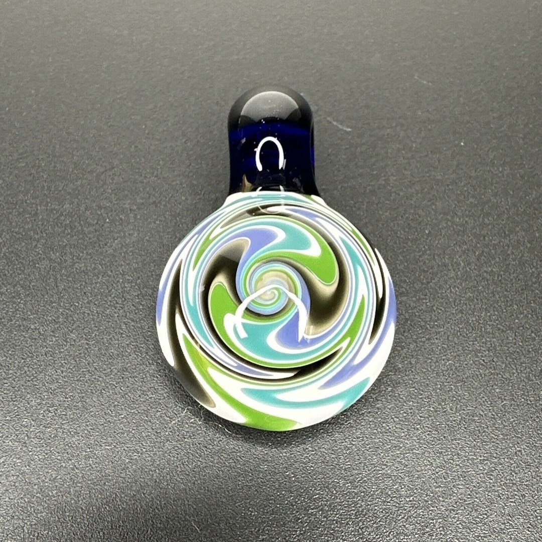 Handmade Art Glass Wigwag Pendant Green Blue Etc W/ Reversible Side ...