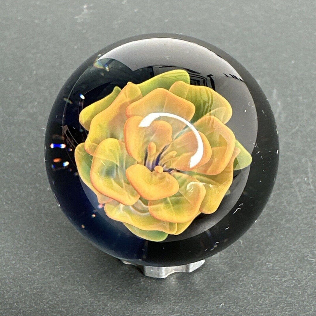 Contemporary Handmade Art Glass Marble 1.14" Fumed Flower Orange Hues ...