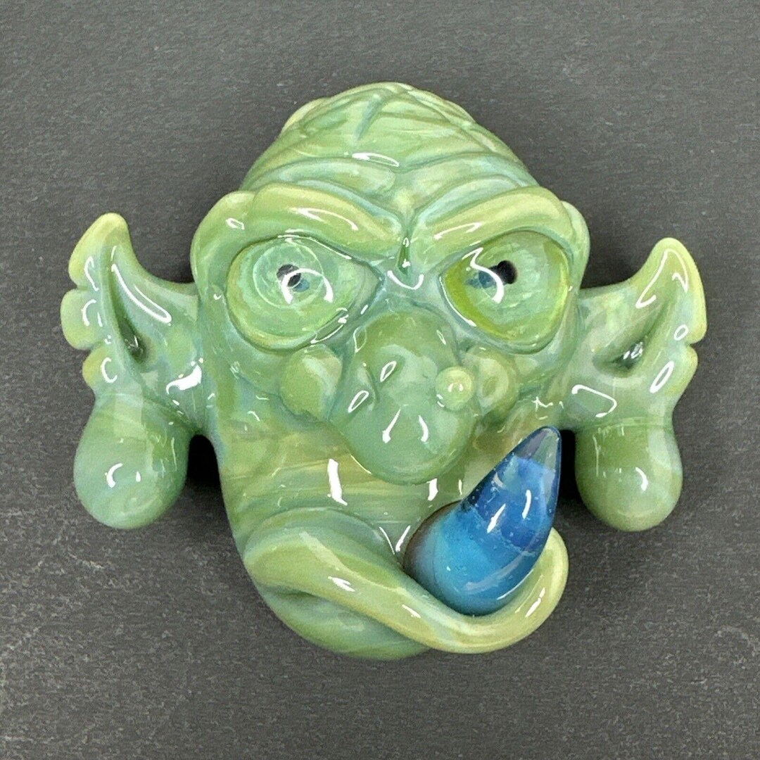 Handmade Art Glass Goblin Orc Monster Pendant Green & Blue Handblown ...