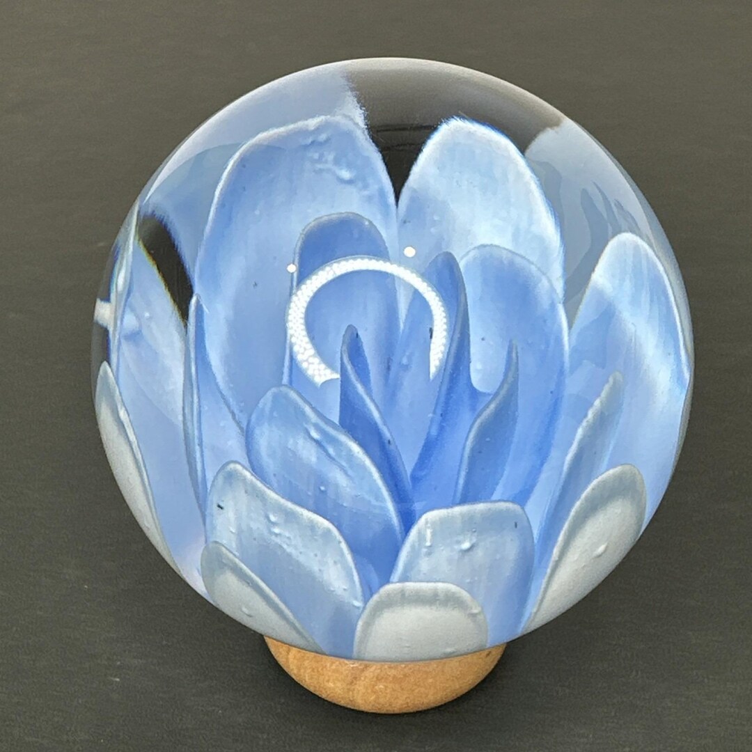 Contemporary Handmade Art Glass Marble 2.90" Light Blue Flower Orb ...