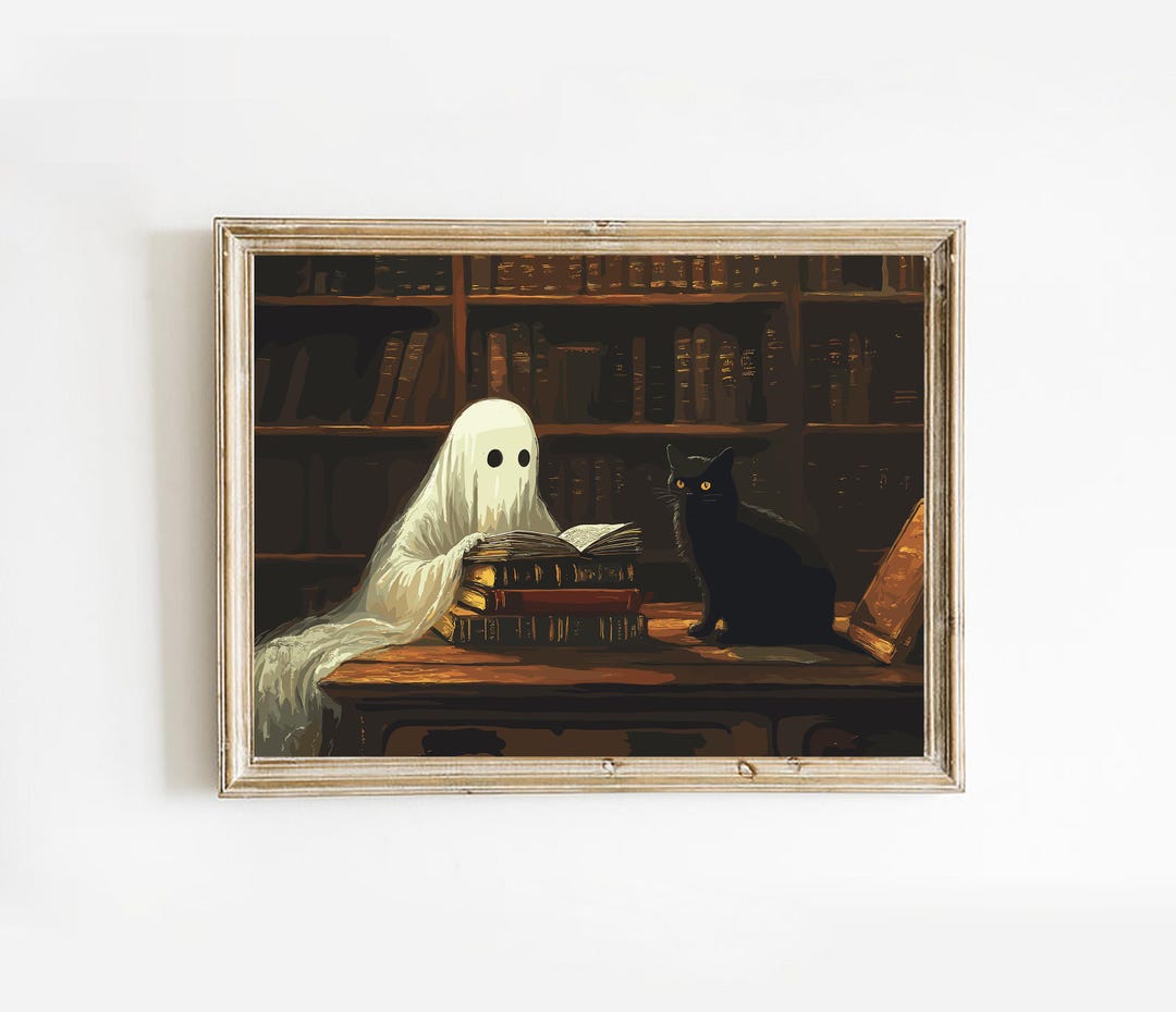 Ghost Reading Book Print, Vintage Library Ghost Poster, Ghost Wall ...