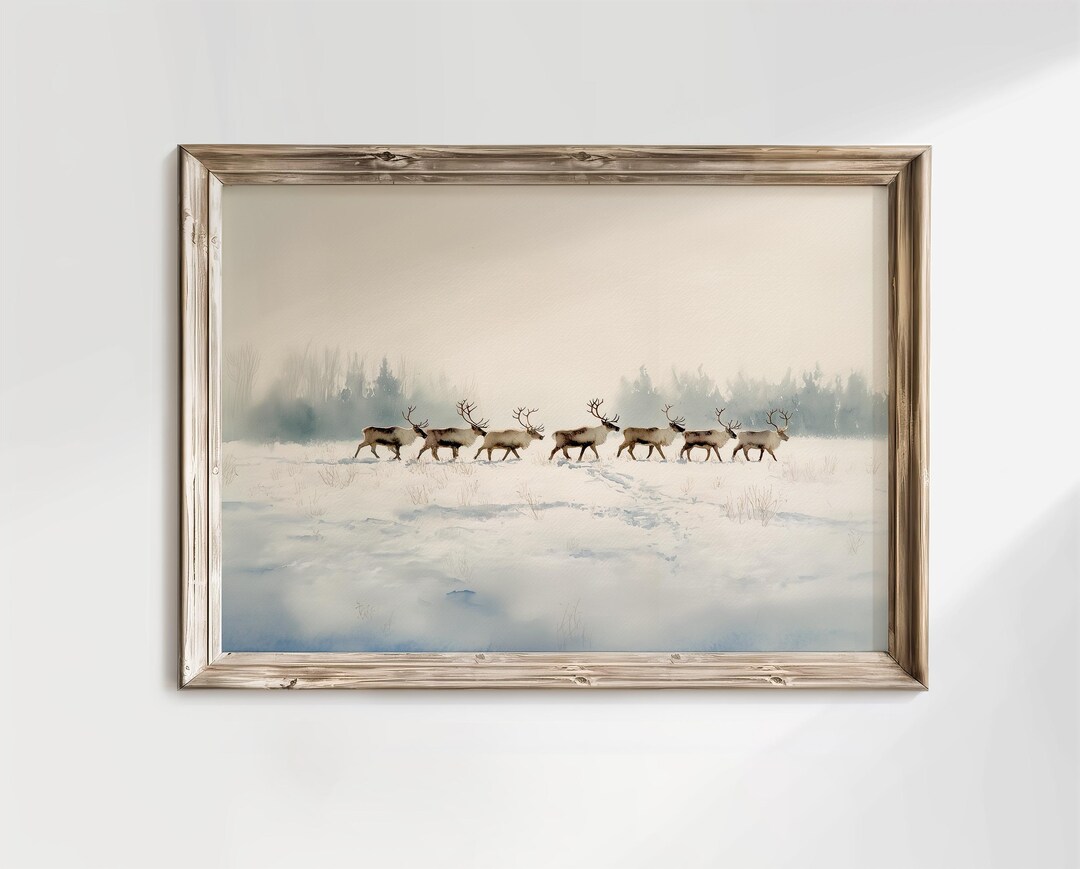 Winter Watercolor Landscape Poster: Reindeer Vintage Farmhouse Art ...