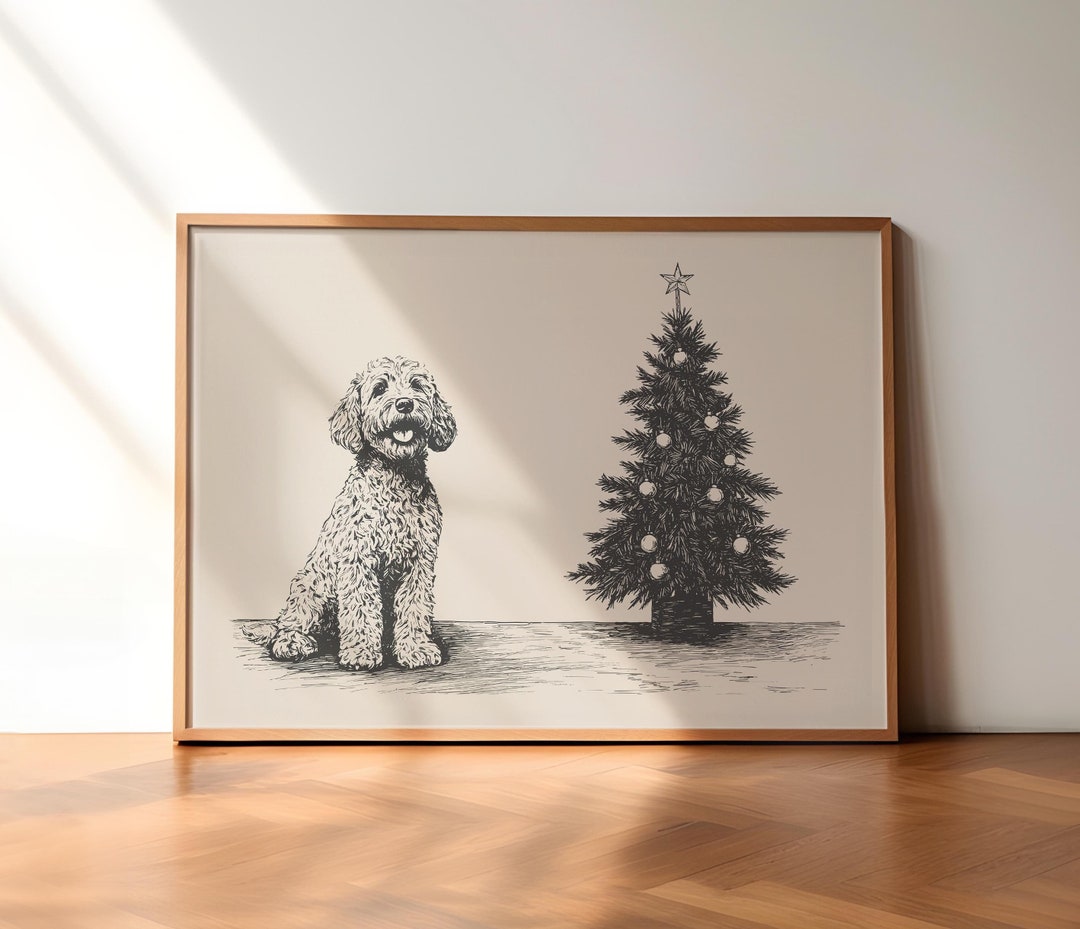 Christmas Dog, Goldendoodle Christmas Poster, Vintage Dog Wall Art ...