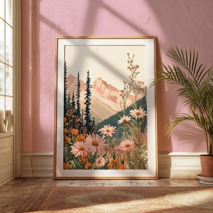 Mountain Sunset Poster, Wildflower Landscape Print, Midcentury Modern ...