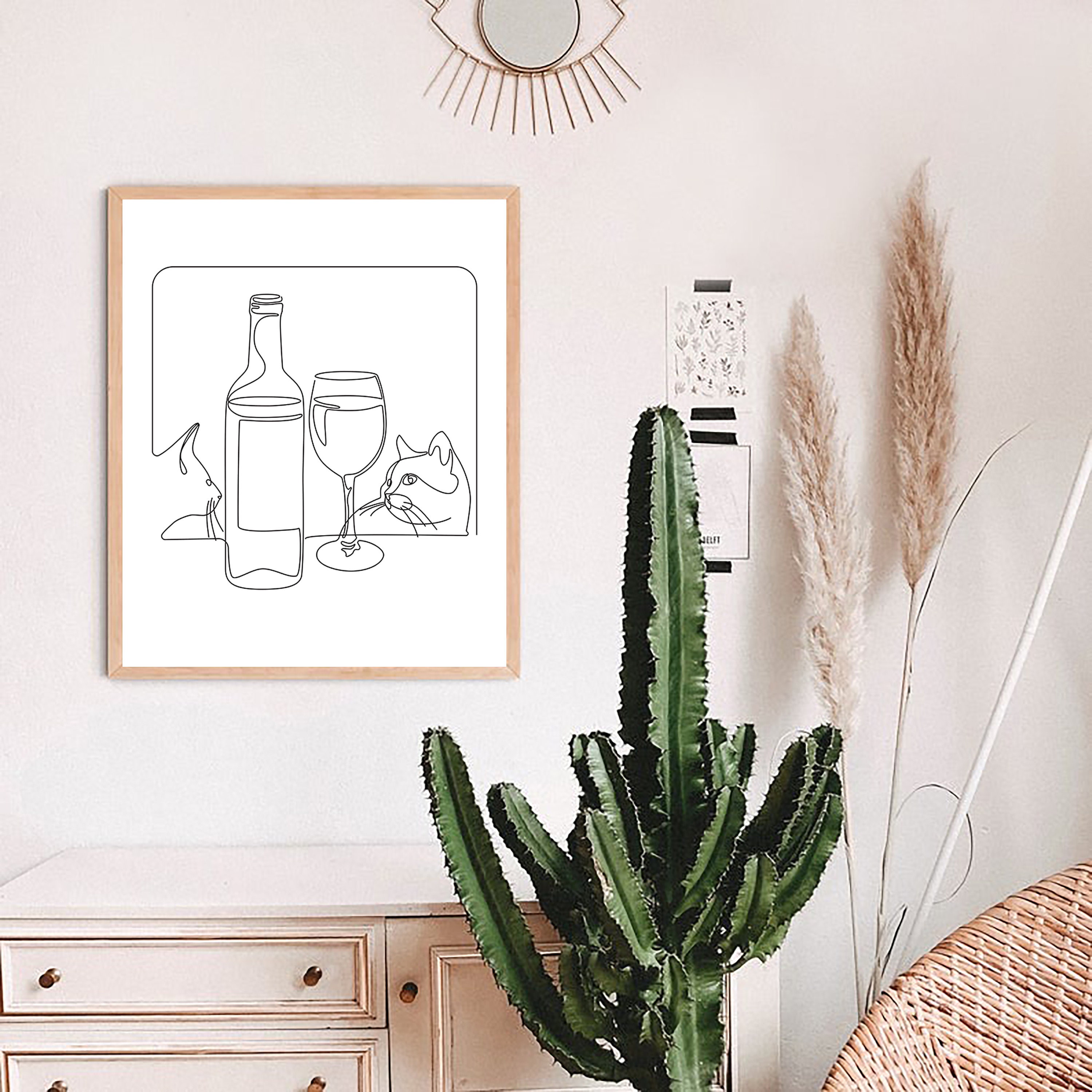 Wine Print Fine Line Bar Cart Prints Minimal Print Gallery - Etsy