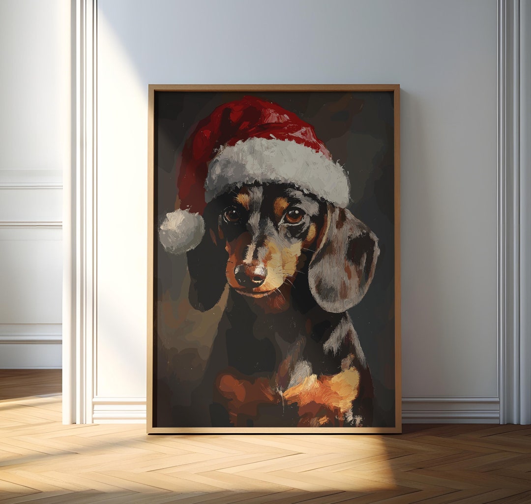 Christmas Dachshund Painting, Christmas Dog Print, Dachshund Santa Hat ...