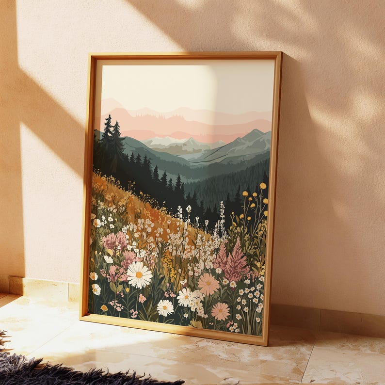 Mountain Sunset Poster, Wildflower Landscape Print, Midcentury Modern ...