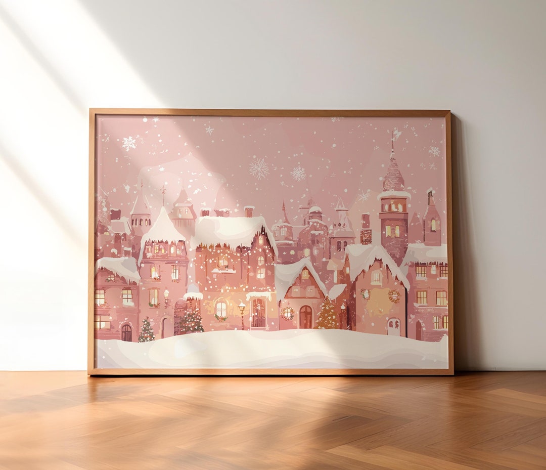 Holiday Print, Pink Christmas Poster, Xmas Art Illustration, Winter ...