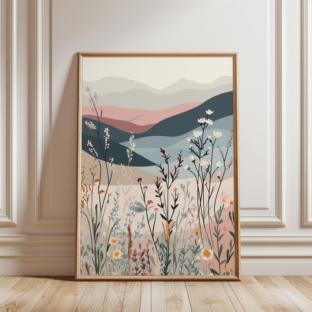 Midcentury Modern Poster, Wildflower Landscape Art, Mountain Sunset ...