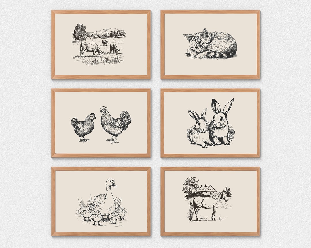Vintage Farm Prints, Set of 6 Prints, Farmhouse Wall Art, Bunny Vintage ...